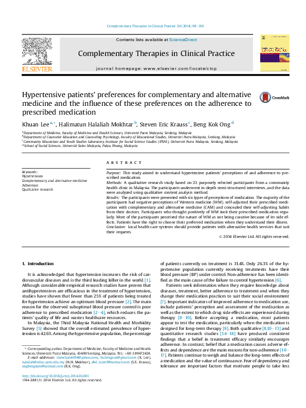 (PDF) Hypertensive patients' preferences for complementary and alternative medicine and the ...