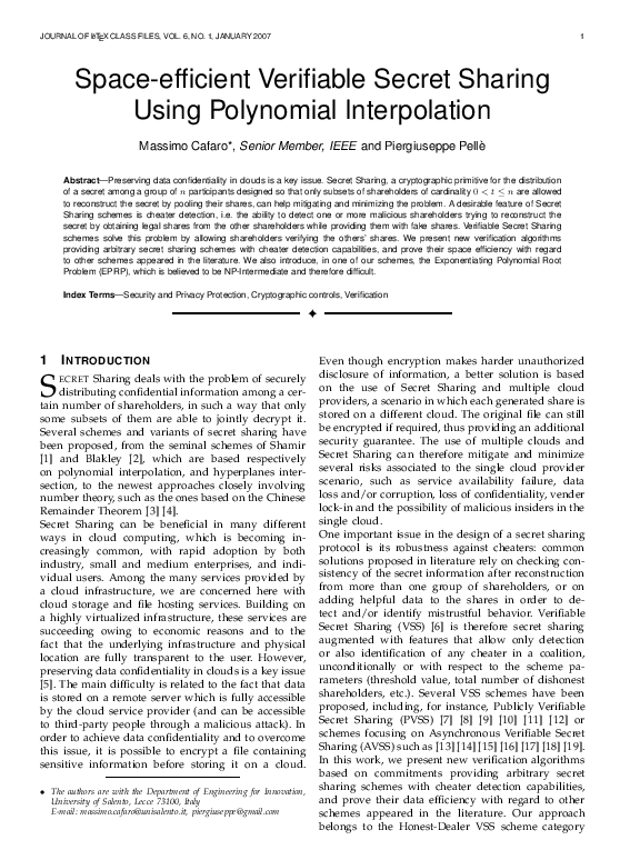 Pdf Space Efficient Verifiable Secret Sharing Using Polynomial