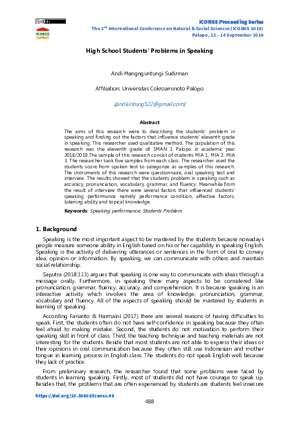 (PDF) High School Students' Problems in Speaking