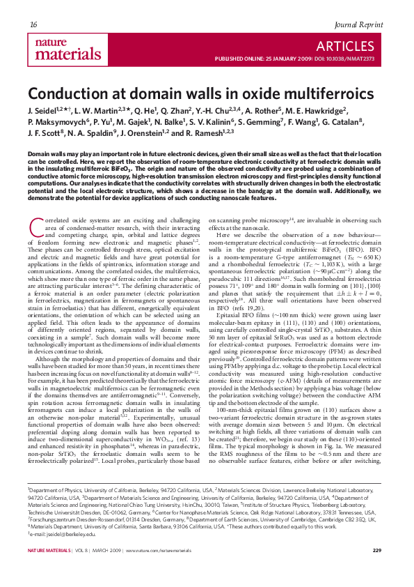 (PDF) Conduction at domain walls in oxide multiferroics