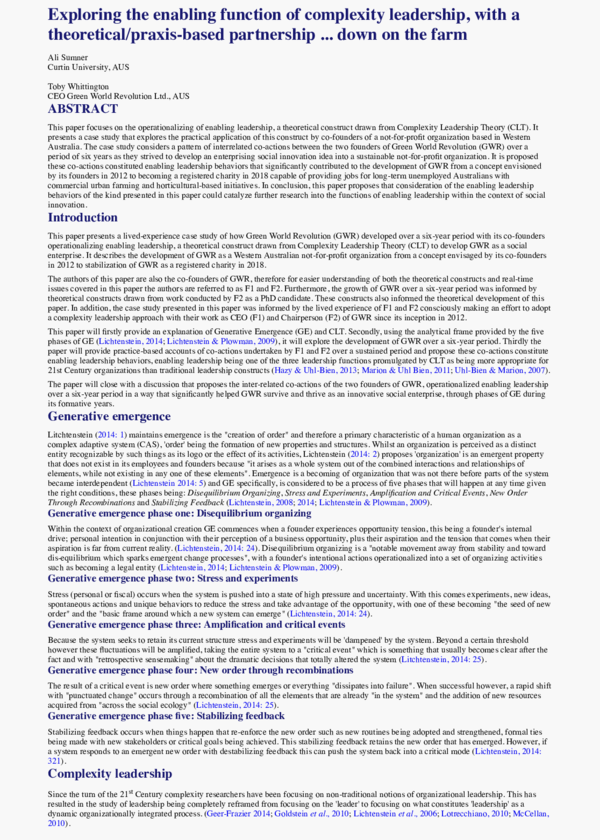 (PDF) Exploring the enabling function of complexity leadership, with a theoretical/praxis-based ...