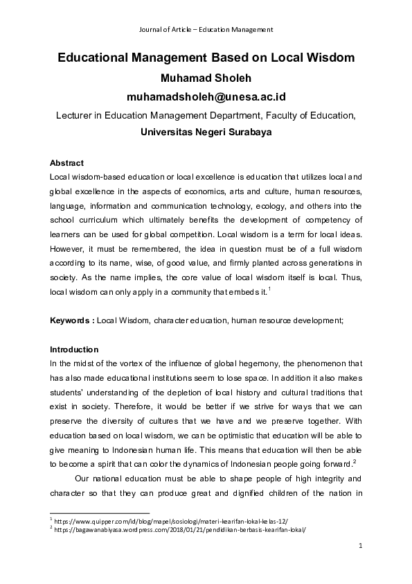 (PDF) Educational Management Based on Local Wisdom