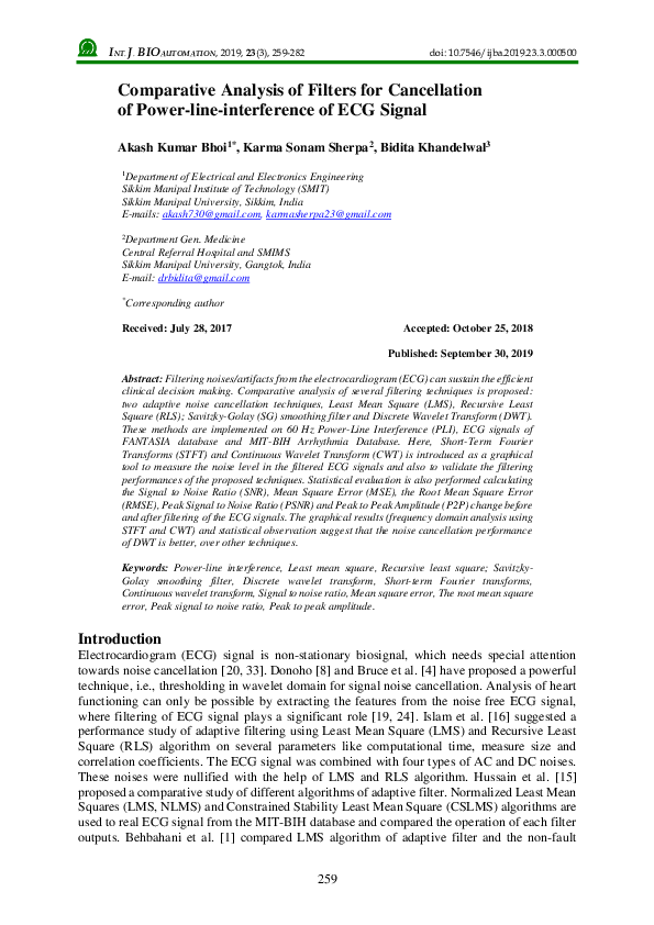 (PDF) Comparative Analysis of Filters for Cancellation of Power-line-interference of ECG Signal