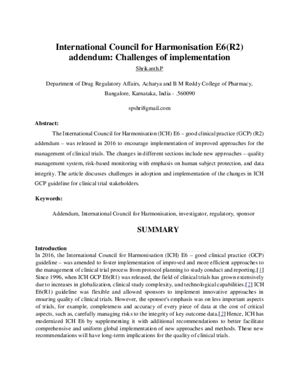 (PDF) International Council for Harmonisation E6(R2) addendum ...
