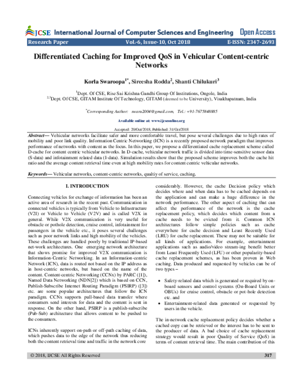 Pdf Differentiated Caching For Improved Qos In Vehicular Content Centric Networks
