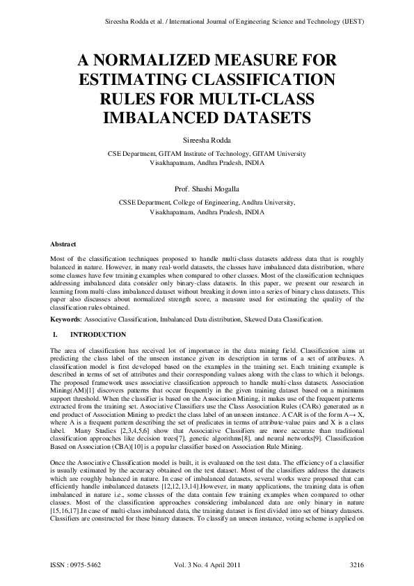 (PDF) A NORMALIZED MEASURE FOR ESTIMATING CLASSIFICATION RULES FOR MULTI-CLASS IMBALANCED DATASETS