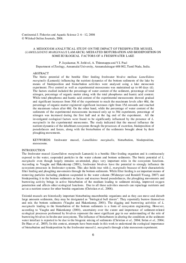 (PDF) A MESOCOSM ANALYTICAL STUDY ON THE IMPACT OF FRESHWATER MUSSEL ...