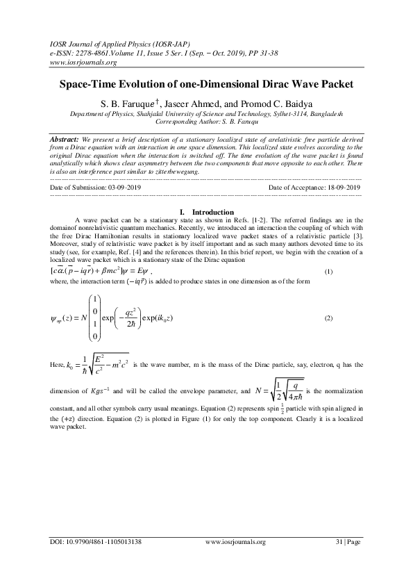 (PDF) Space-Time Evolution of one-Dimensional Dirac Wave Packet