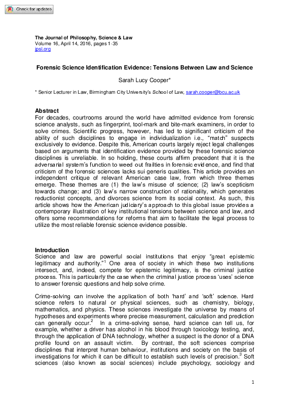 (PDF) Forensic Science Identification Evidence: Tensions Between Law ...