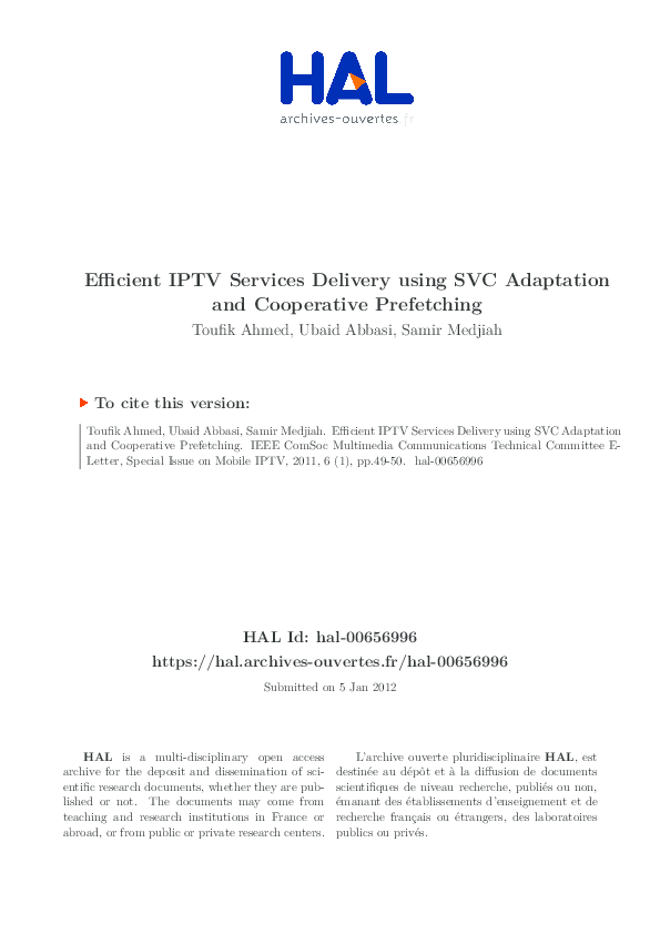 (PDF) Efficient IPTV Services Delivery using SVC Adaptation and Cooperative Prefetching