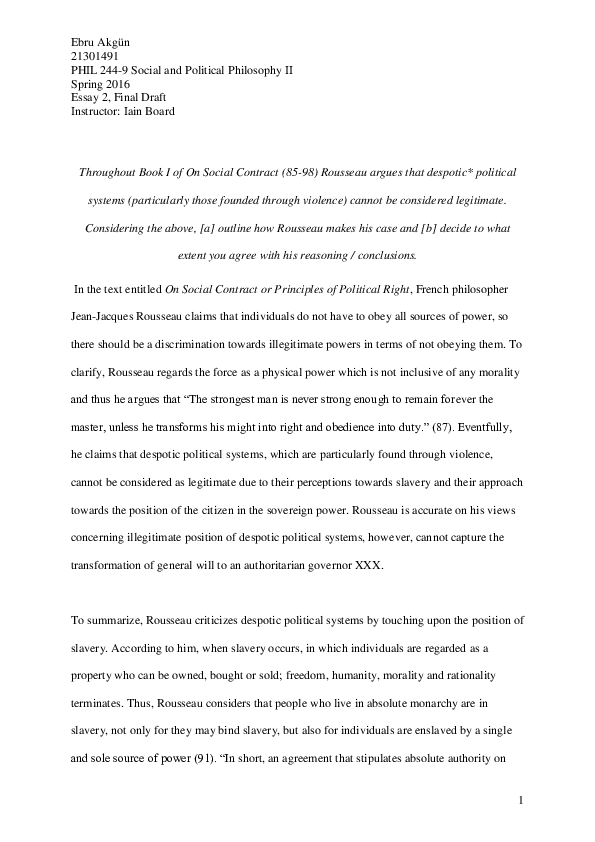 (DOC) On J.J. Rousseau's Argument about Despotic Political Systems