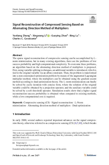Pdf Circuits Systems And Signal Processing Signal Reconstruction Of Compressed Sensing Based