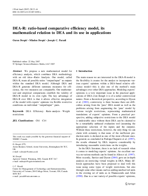 (PDF) DEA-R: ratio-based comparative efficiency model, its mathematical ...