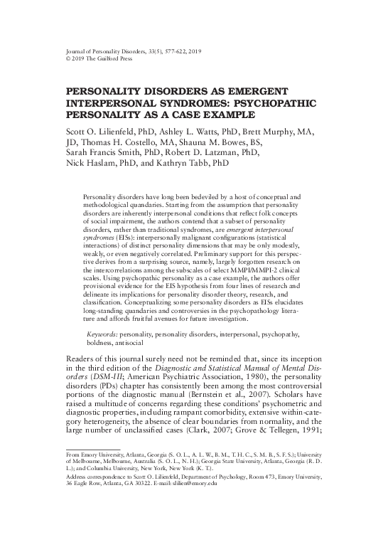 (PDF) Personality Disorders as Emergent Interpersonal Syndromes ...