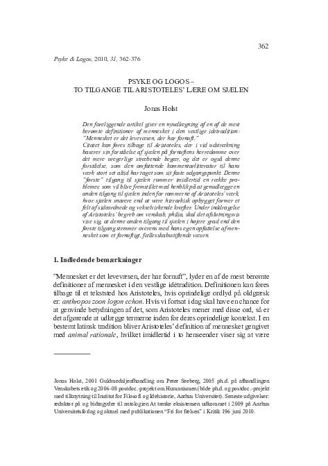 (PDF) PSYKE OG LOGOS - TO TILGANGE TIL ARISTOTELES' LÆRE OM SJAELEN ...