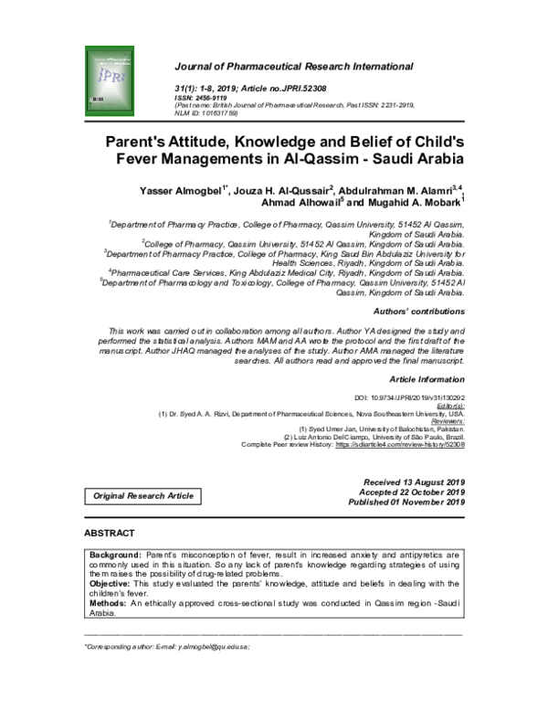 (PDF) Parent's Attitude, Knowledge and Belief of Child's Fever Managements in Al-Qassim -Saudi ...