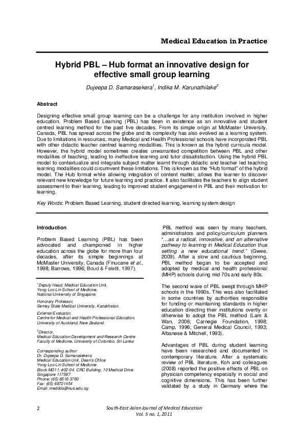 (PDF) Medical Education in Practice Hybrid PBL -Hub format an ...