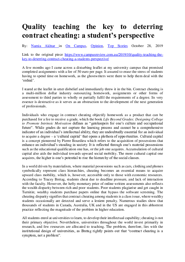 (PDF) Quality teaching the key to deterring contract cheating: a ...