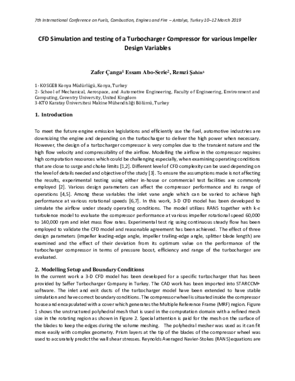 Doc Cfd Simulation And Testing Of A Turbocharger Compressor For Various Impeller Design Variables