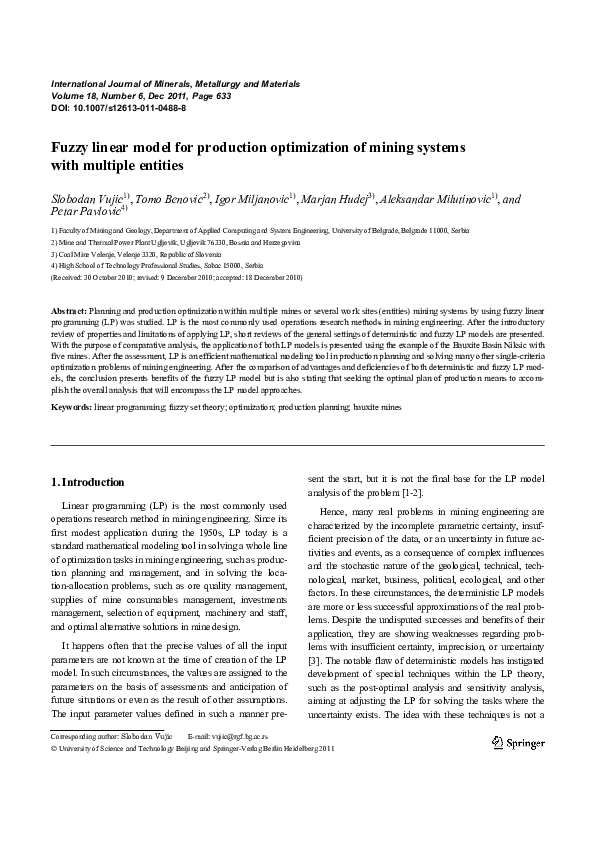 (PDF) Fuzzy linear model for production optimization of mining systems with multiple entities