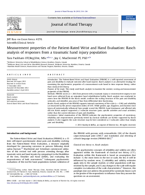 (PDF) Measurement properties of the Patient-Rated Wrist and Hand ...