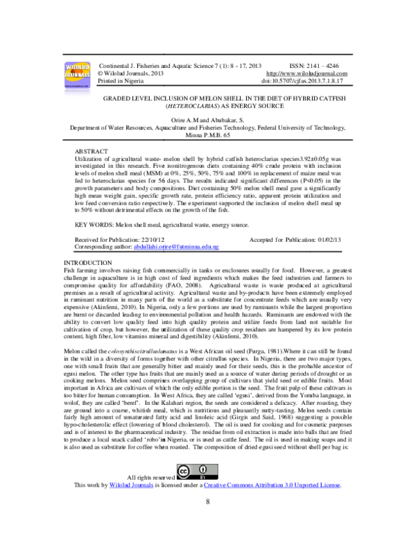 (PDF) GRADED LEVEL INCLUSION OF MELON SHELL IN THE DIET OF HYBRID ...
