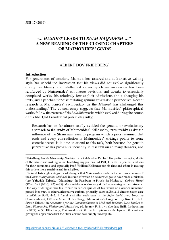 (PDF) Albert Dov Friedberg, “‘…Hasidut leads to Ruah Haqodesh…’: A New ...