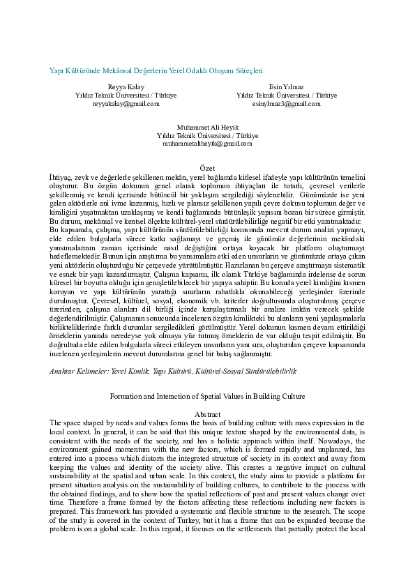 (DOC) YAPI KÜLTÜRÜNDE MEKANSAL DEĞERLERİN YEREL ODAKLI OLUŞUM SÜREÇLERİ