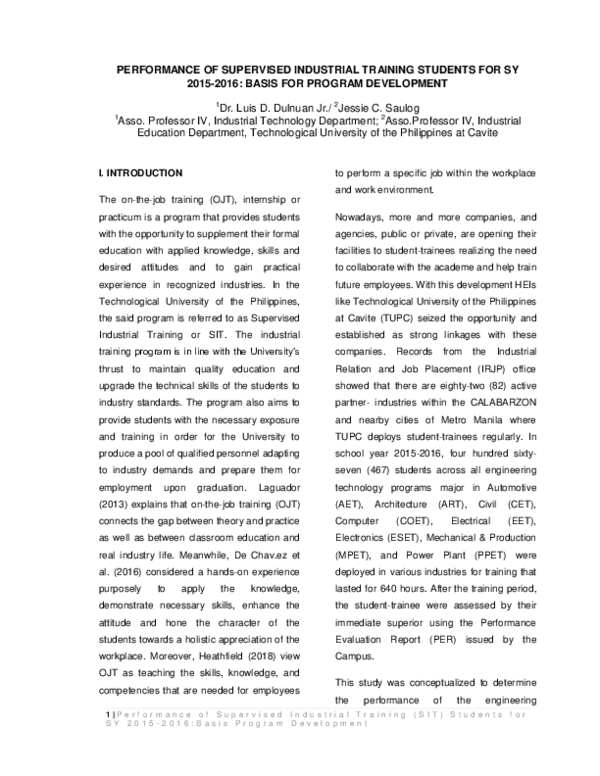 (PDF) PERFORMANCE OF SUPERVISED INDUSTRIAL TRAINING STUDENTS FOR S.Y. 2015-2016: BASIS FOR ...