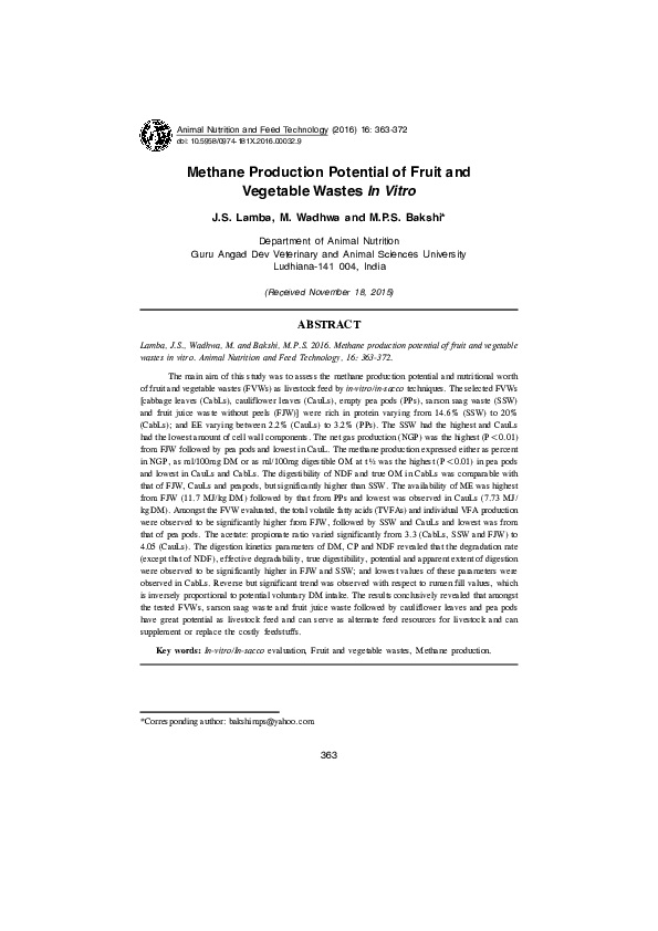 (PDF) Methane Production Potential of Fruit and Vegetable Wastes In Vitro