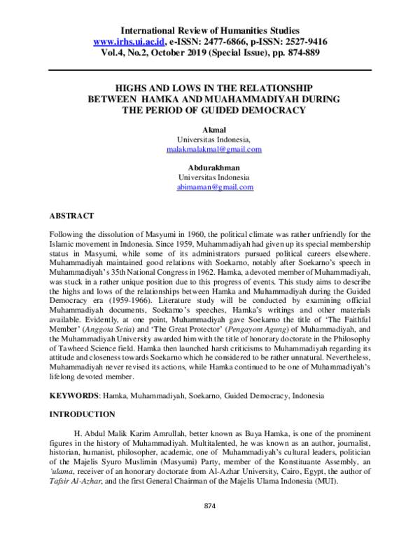 (PDF) Highs and Lows In the Relationship Between Hamka and Muhammadiyah ...