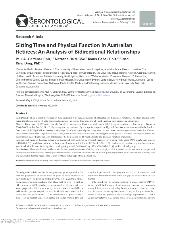 (PDF) Sitting time and physical function in Australian retirees: An ...