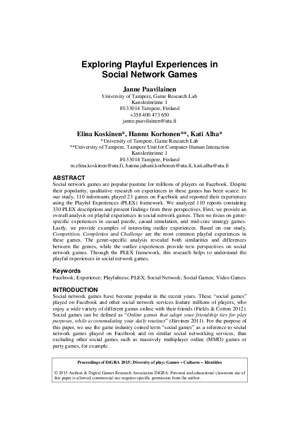 (PDF) Exploring Playful Experiences in Social Network Games