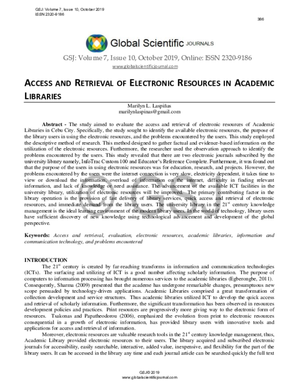 (PDF) ACCESS AND RETRIEVAL OF ELECTRONIC RESOURCES IN ACADEMIC LIBRARIES