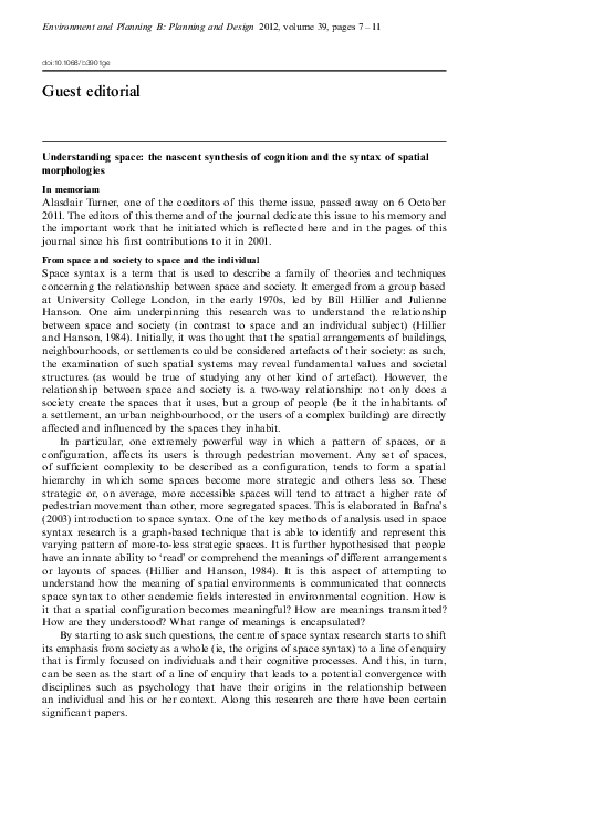 Pdf Understanding Space The Nascent Synthesis Of Cognition And The Syntax Of Spatial Morphologies