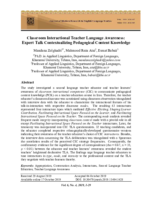 (PDF) Classroom Interactional Teacher Language Awareness: Expert Talk Contextualizing ...