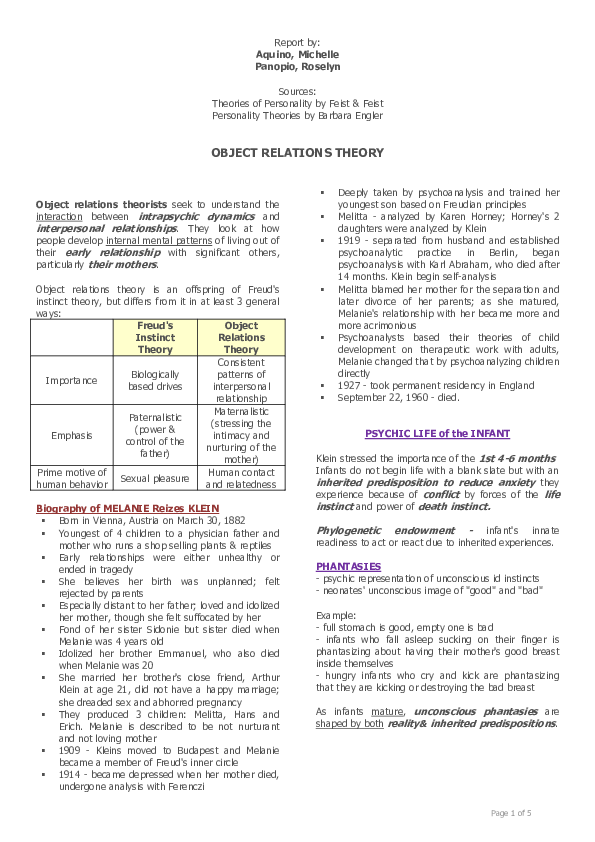 (DOC) E. Klein s Object Relations Theory - Michelle Aquino and Roselyn ...