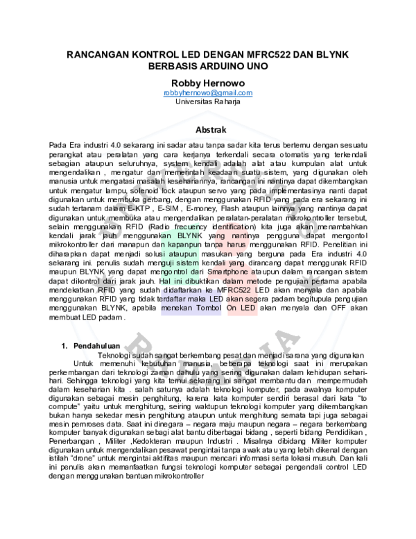 (PDF) RANCANGAN KONTROL LED DENGAN MFRC522 DAN BLYNK BERBASIS ARDUINO UNO