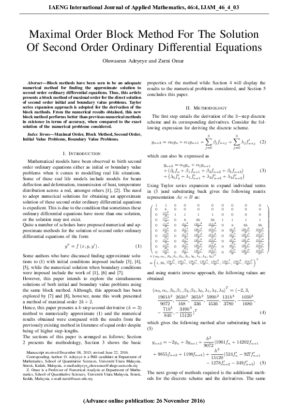 Pdf Maximal Order Block Method For The Solution Of Second Order Ordinary Differential Equations