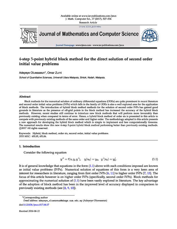 Pdf 4 Step 5 Point Hybrid Block Method For The Direct Solution Of