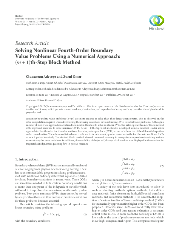 Pdf Solving Nonlinear Fourth Order Boundary Value Problems Using A Numerical Approach 𝑚 1
