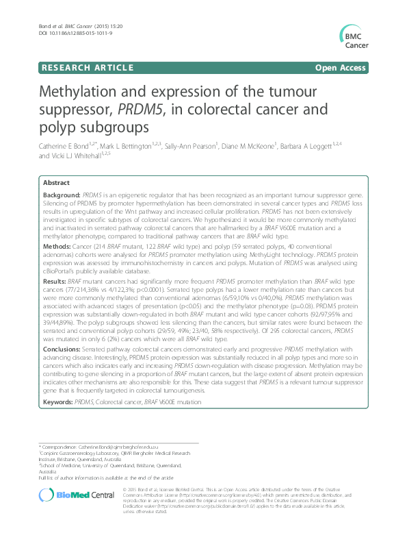 (PDF) Methylation and expression of the tumour suppressor, PRDM5, in ...