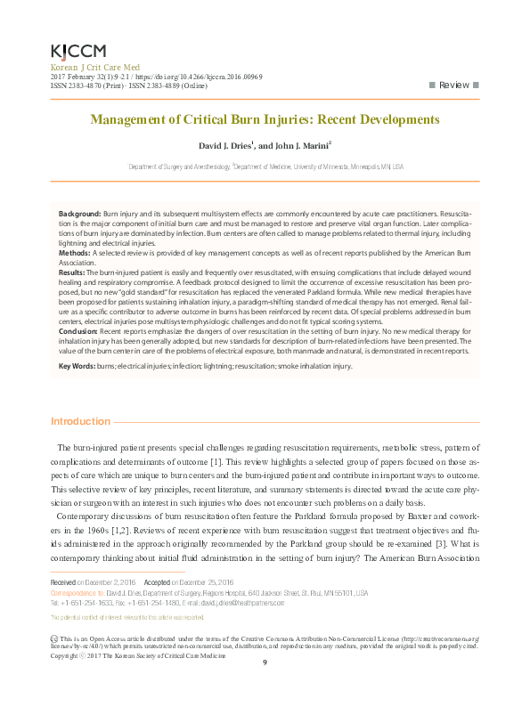 (PDF) Management of Critical Burn Injuries: Recent Developments