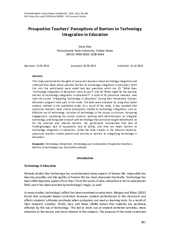 (PDF) Prospective Teachers' Perceptions of Barriers to Technology ...