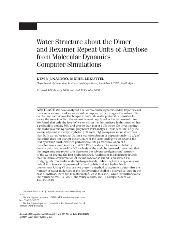 (PDF) Water Structuring About the Dimer and Hexamer Repeat Units of Amylose from Molecular ...