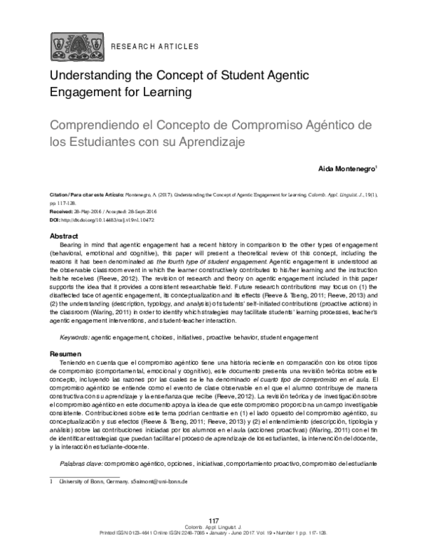 (PDF) Understanding the Concept of Student Agentic Engagement for Learning