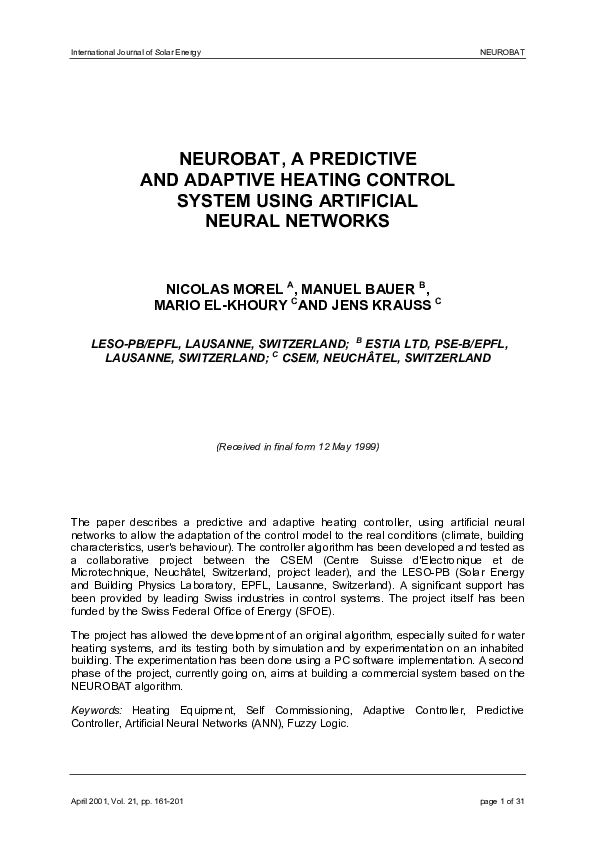 (PDF) Neurobat, a Predictive and Adaptive Heating Control System Using Artificial Neural Networks