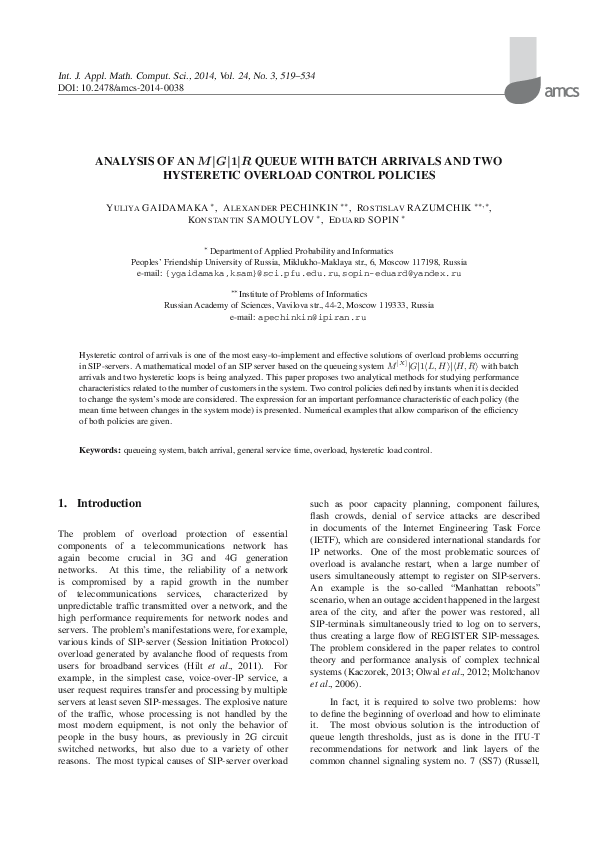 (PDF) ANALYSIS OF AN M |G|1|R QUEUE WITH BATCH ARRIVALS AND TWO HYSTERETIC OVERLOAD CONTROL ...