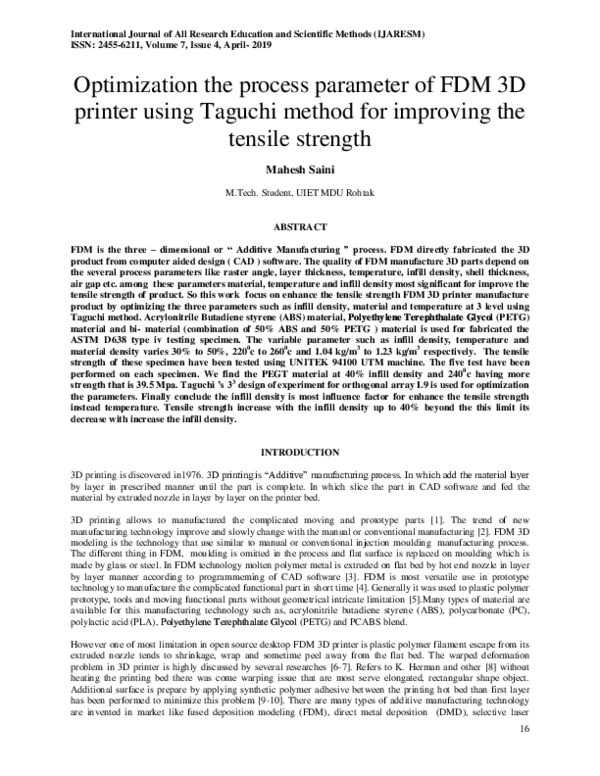 (PDF) Optimization the process parameter of FDM 3D printer using Taguchi method for improving ...