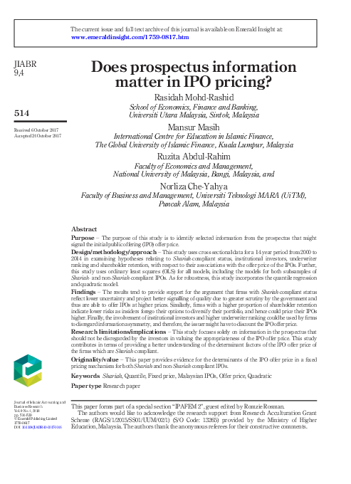(PDF) Does prospectus information matter in IPO pricing?